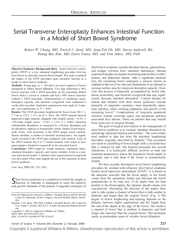 (PDF) Serial Transverse Enteroplasty Enhances Intestinal Function in a ...