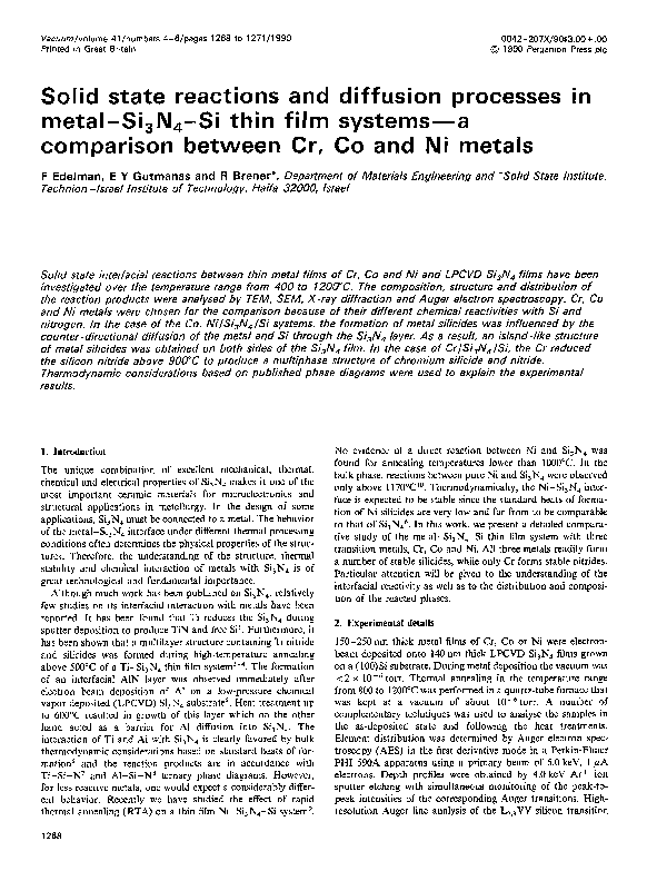 (PDF) Solid state reactions and diffusion processes in metal - Si3N4 ...