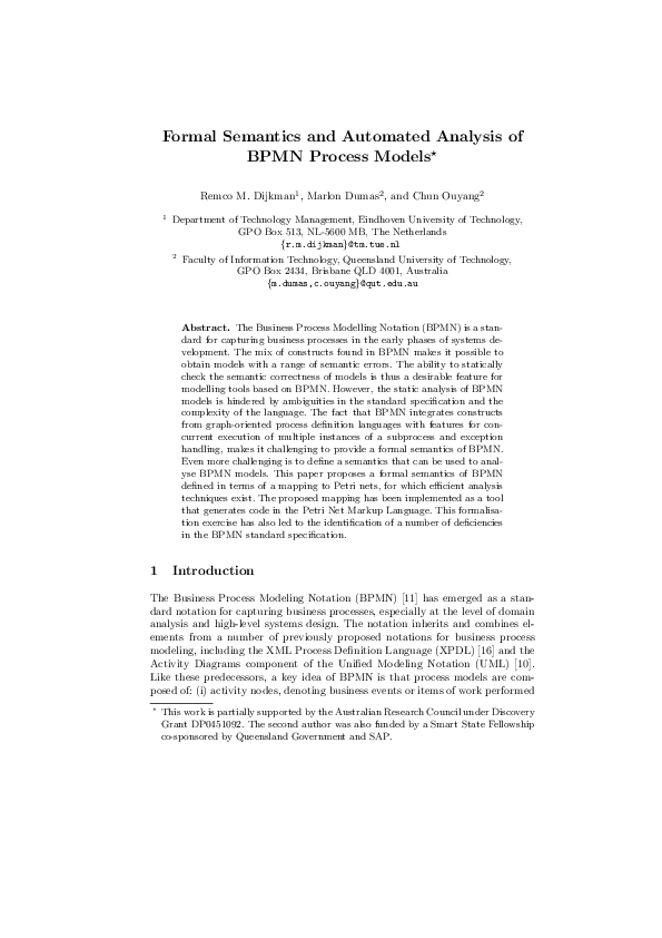 (PDF) Formal semantics and automated analysis of BPMN process models