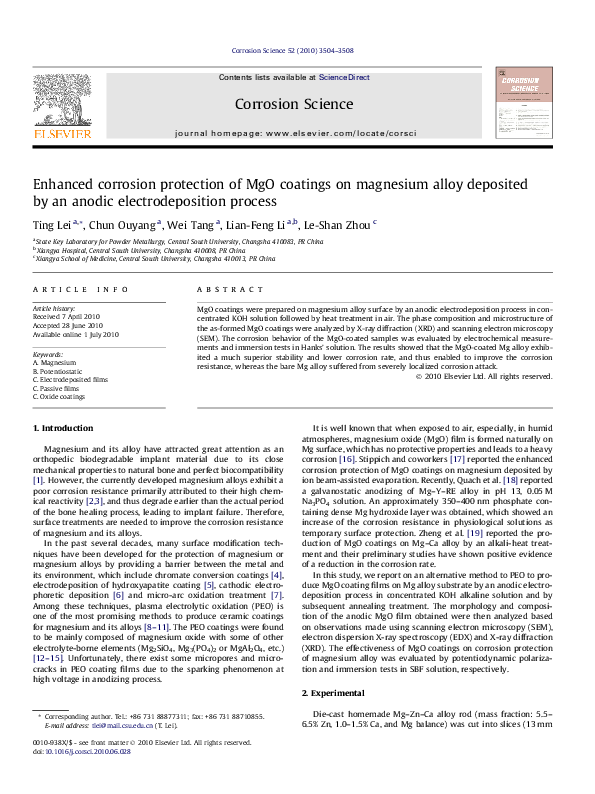 (PDF) Enhanced corrosion protection of MgO coatings on magnesium alloy ...