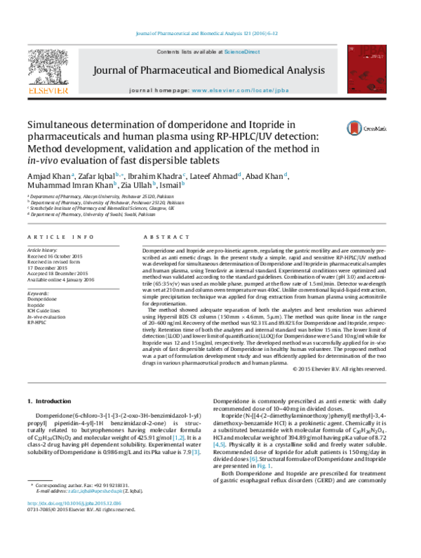(PDF) Simultaneous determination of domperidone and Itopride in pharmaceuticals and human plasma ...