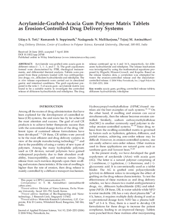 (PDF) Acrylamide-grafted-acacia gum polymer matrix tablets as erosion ...