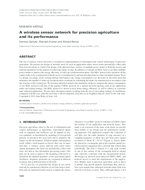 Pdf A Wireless Sensor Network For Precision Agriculture And Its Performance T A Gemtos