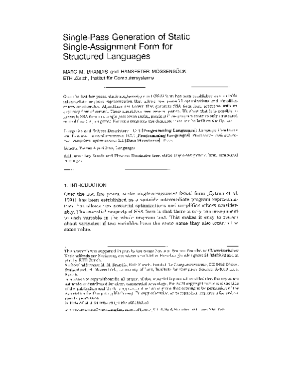 Pdf Single Pass Generation Of Static Single Assignment Form For