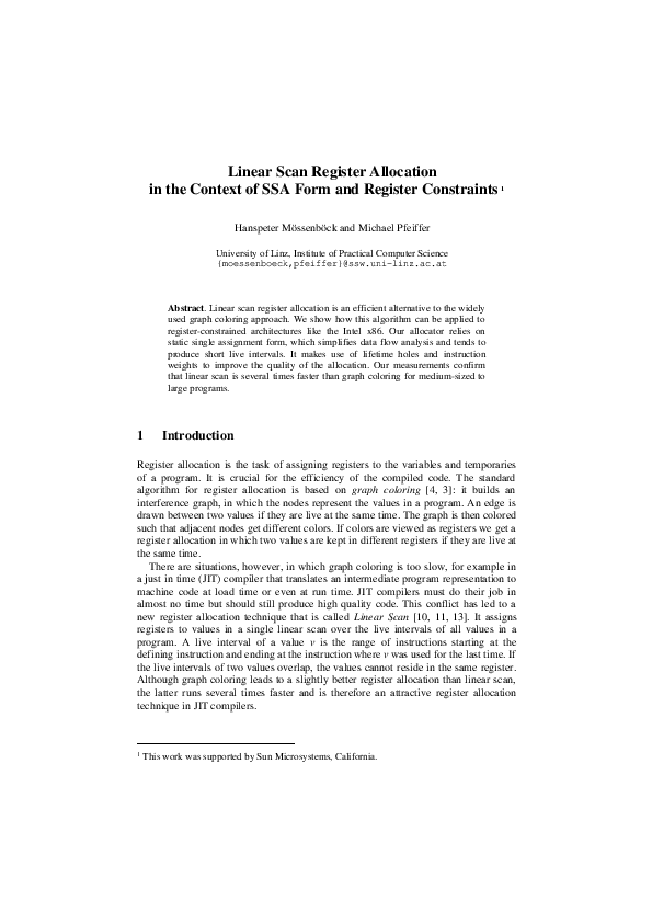 (PDF) Linear Scan Register Allocation in the Context of SSA Form and Register Constraints