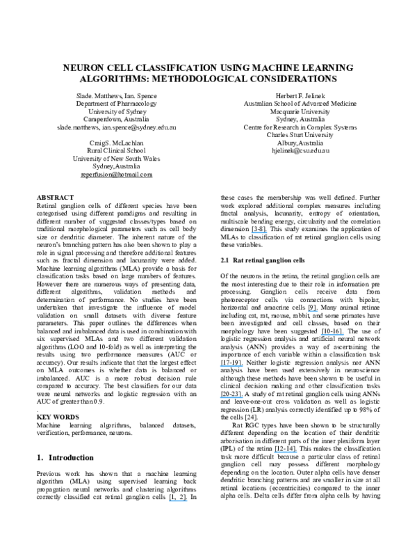 (PDF) Neuron Cell Classification using Machine Learning Algorithms: Methodological Considerations