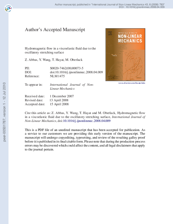 (PDF) Hydromagnetic flow in a viscoelastic fluid due to the oscillatory ...