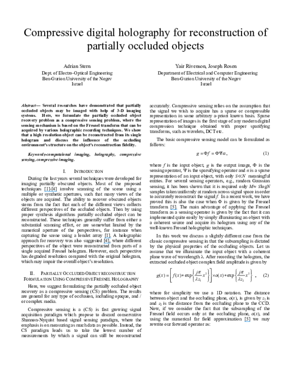 Pdf Compressive Digital Holography For Reconstruction Of Partially Occluded Objects
