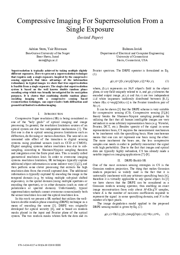 (PDF) Compressive imaging for superresolution from a single exposure