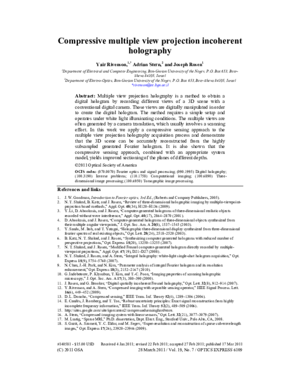 Pdf Compressive Multiple View Projection Incoherent Holography