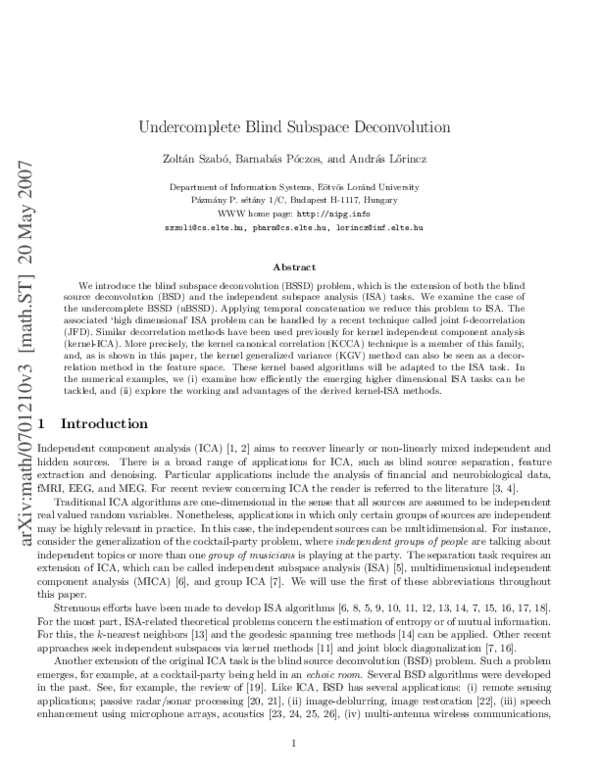 Pdf Undercomplete Blind Subspace Deconvolution Andras Lorincz