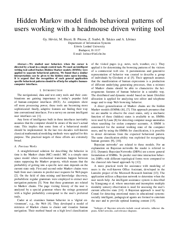 (PDF) Hidden Markov model finds behavioral patterns of users working with a headmouse driven ...