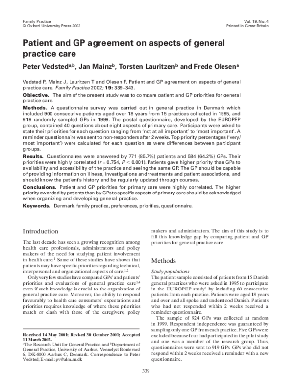 (PDF) Patient and GP agreement on aspects of general practice care
