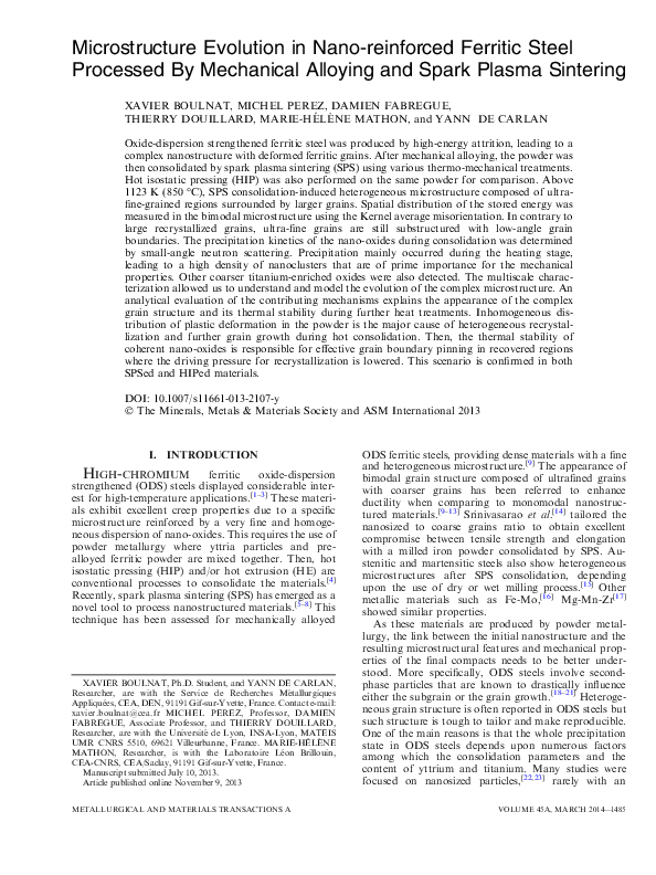 (PDF) Microstructure Evolution in Nano-reinforced Ferritic Steel Processed By Mechanical ...