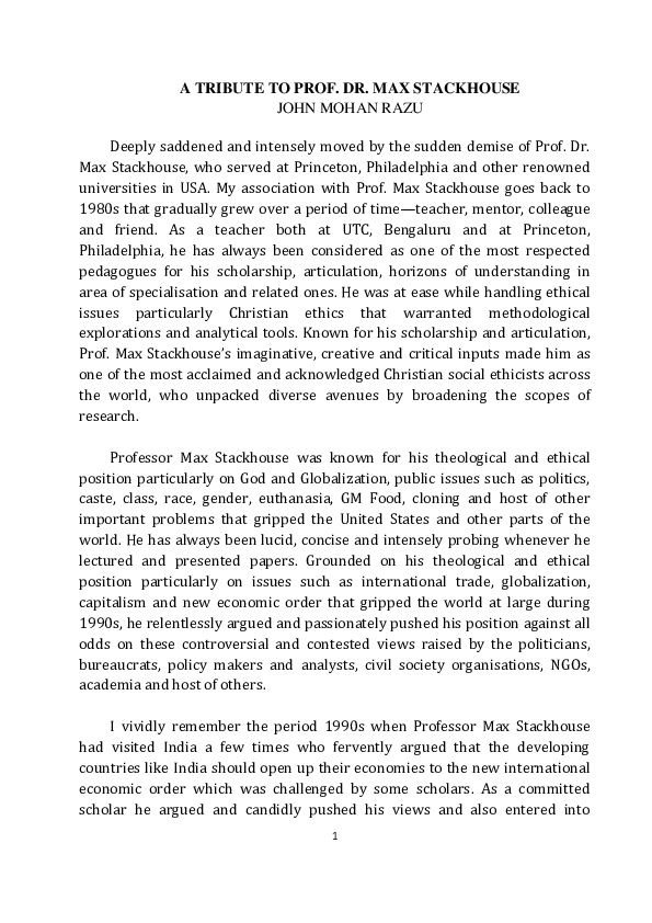 (PDF) A TRIBUTE TO PROF. DR. MAX STACKHOUSE