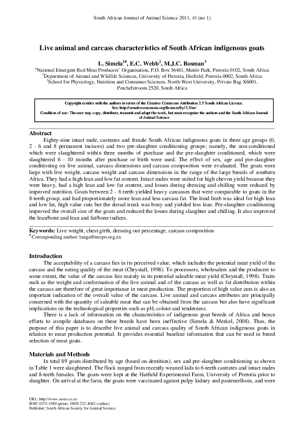 (PDF) Live animal and carcass characteristics of South African ...