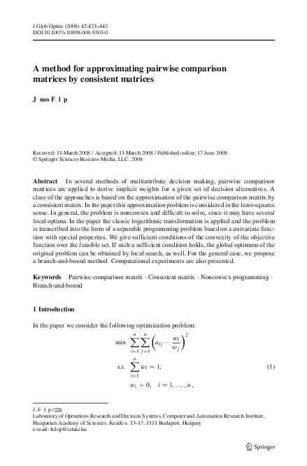 (PDF) A method for approximating pairwise comparison matrices by consistent matrices | Janos ...