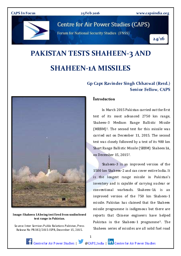 (PDF) PAKISTAN TESTS SHAHEEN-3 AND SHAHEEN-1A MISSILES