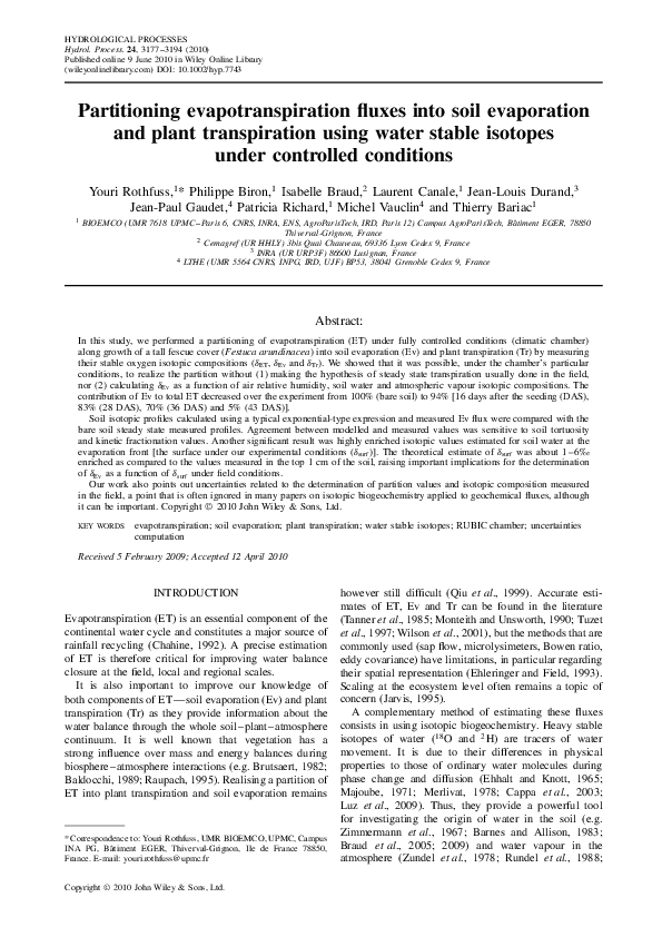 (PDF) Partitioning evapotranspiration fluxes into soil evaporation and plant transpiration using ...