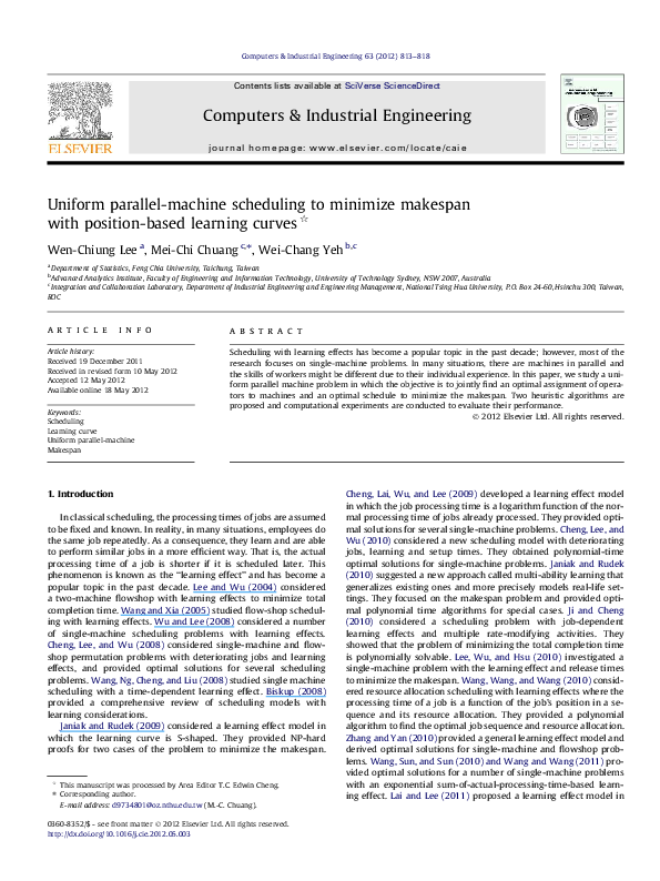 Pdf Uniform Parallel Machine Scheduling To Minimize Makespan With Position Based Learning Curves
