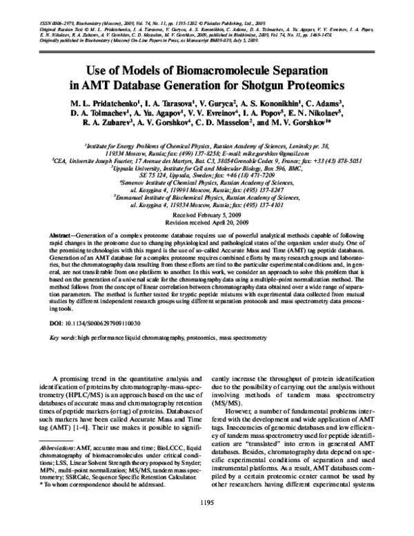 (PDF) Use of models of biomacromolecule separation in AMT database ...