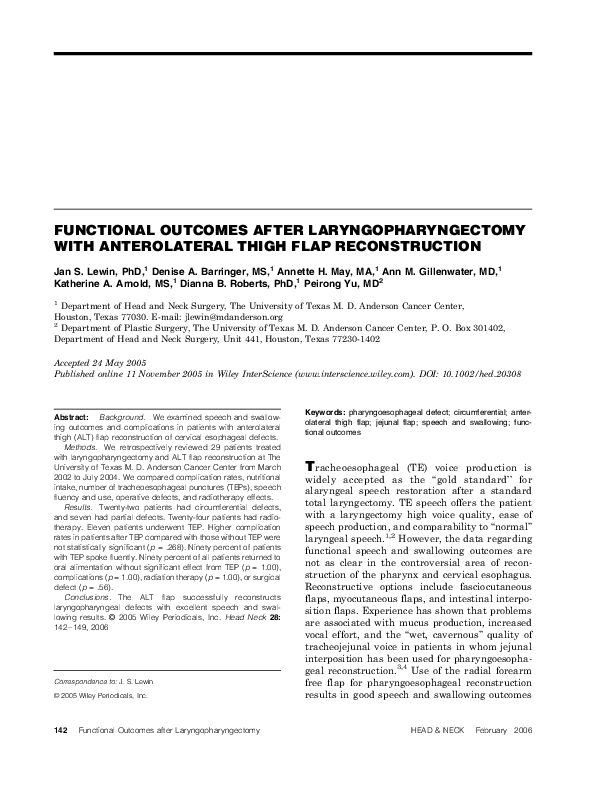 (PDF) Functional outcomes after laryngopharyngectomy with anterolateral thigh flap reconstruction