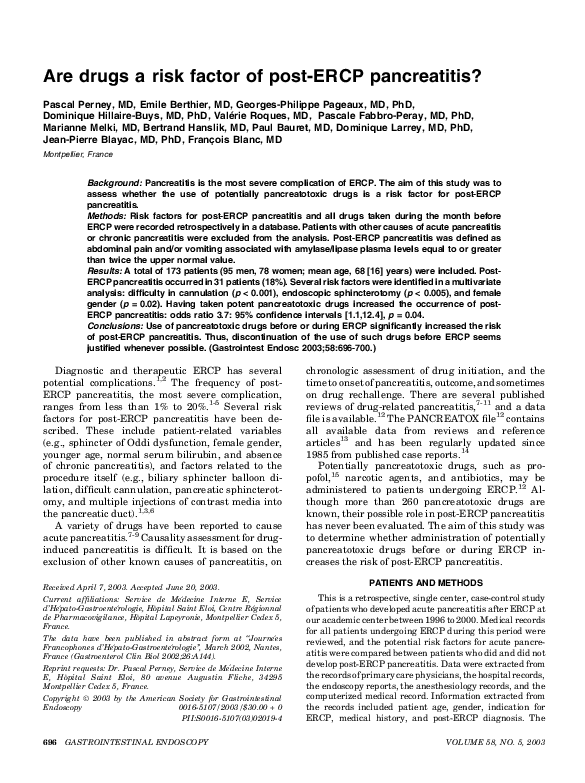 (PDF) Are drugs a risk factor of post-ERCP pancreatitis?
