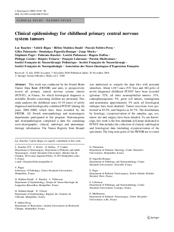 (PDF) Clinical epidemiology for childhood primary central nervous system tumors