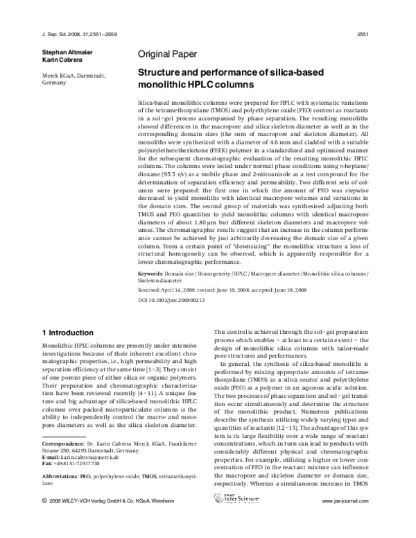 (PDF) Structure and performance of silica-based monolithic HPLC columns