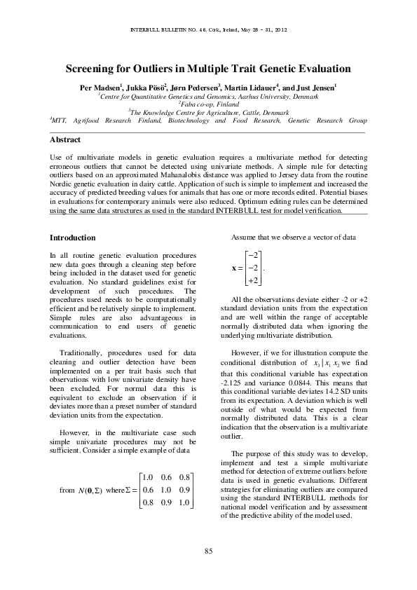 (PDF) Screening for outliers in multiple trait genetic evaluation | Just Jensen - Academia.edu