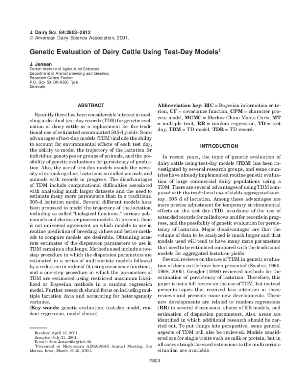 (PDF) Genetic evaluation of dairy cattle using test-day models