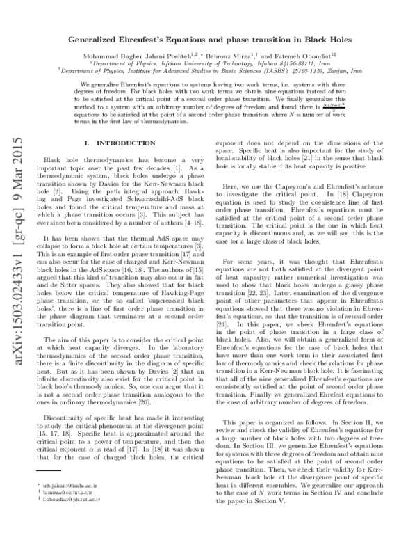 Generalized Ehrenfest's equations and phase transition in black holes