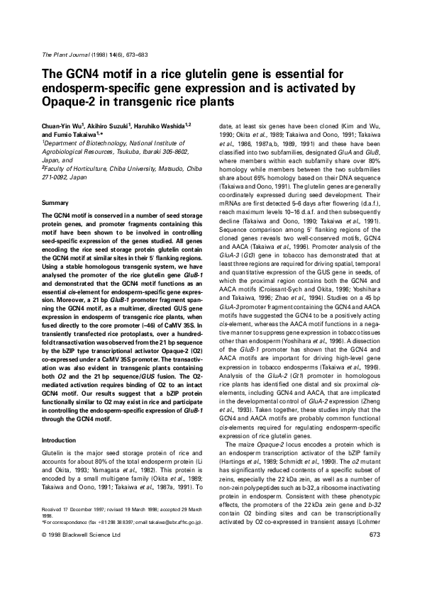 (PDF) The GCN4 motif in a rice glutelin gene is essential for endosperm ...