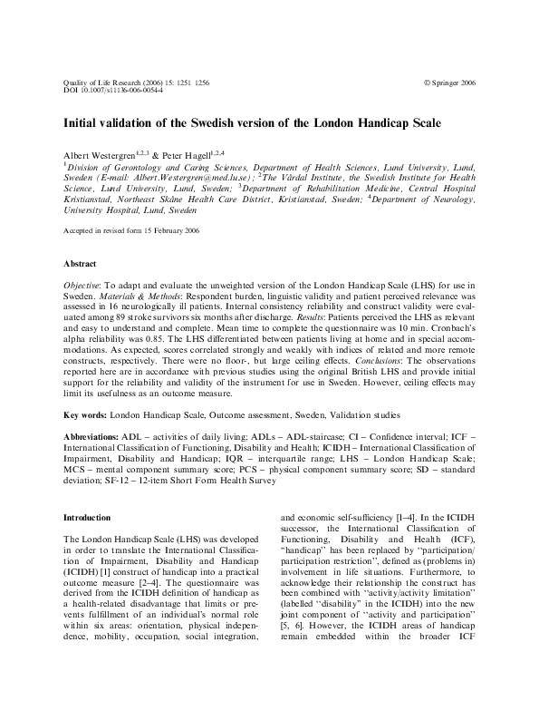 (PDF) Initial validation of the Swedish version of the London Handicap ...