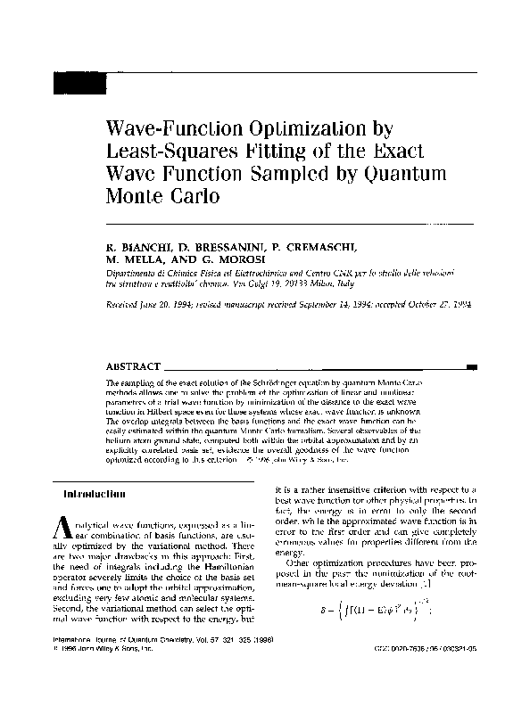 Pdf Wave‐function Optimization By Least‐squares Fitting Of The Exact Wave Function Sampled By