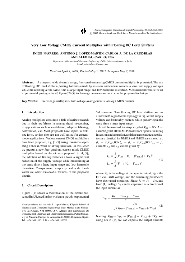 (PDF) Very Low Voltage CMOS Current Multiplier with Floating DC Level ...
