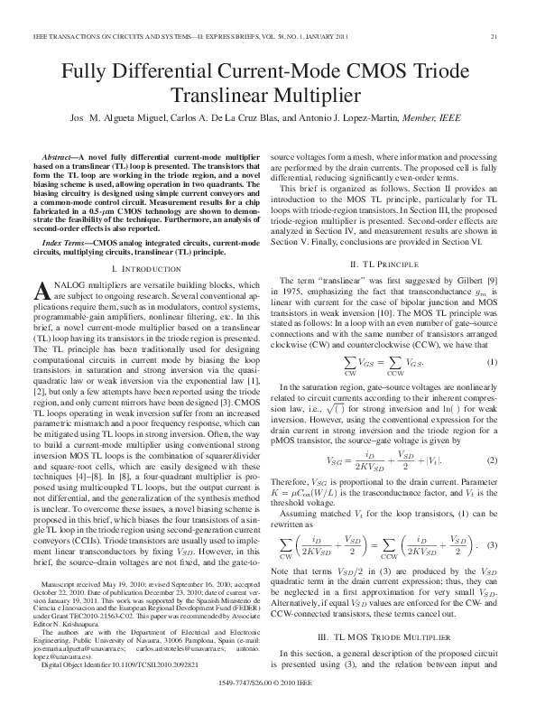 (PDF) Fully Differential Current-Mode CMOS Triode Translinear Multiplier