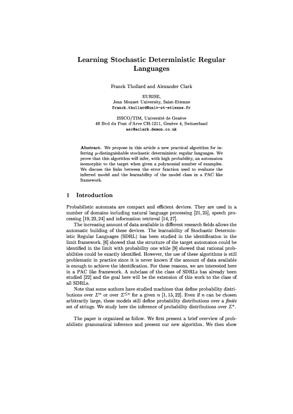 (PDF) Learning Stochastic Deterministic Regular Languages