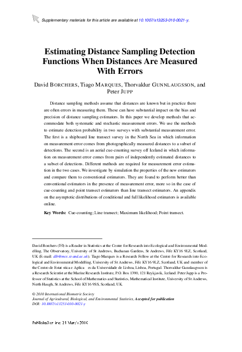 Pdf Estimating Distance Sampling Detection Functions When Distances