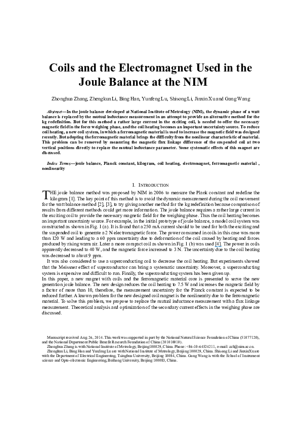 (PDF) Coils and the Electromagnet Used in the Joule Balance at the NIM