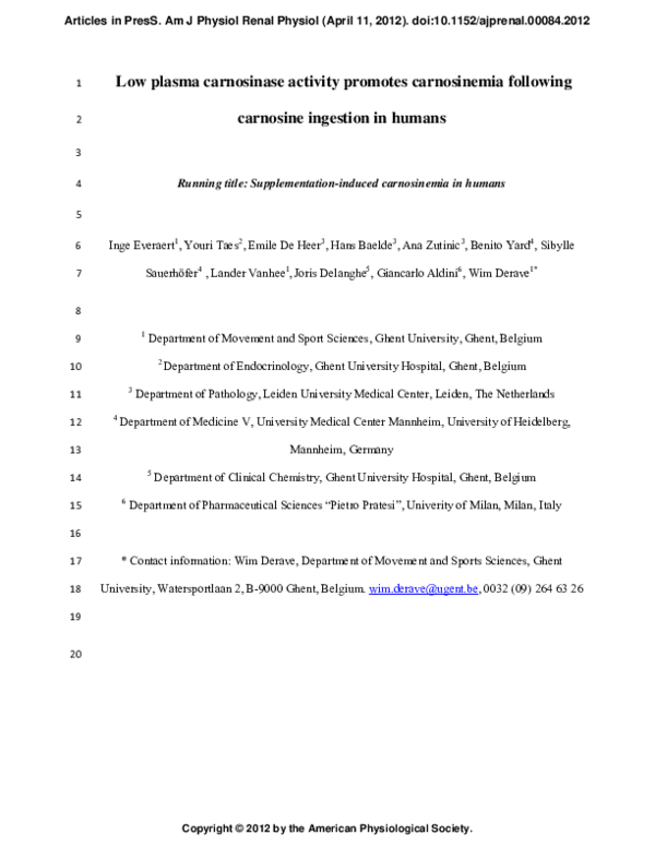 (PDF) Low plasma carnosinase activity promotes carnosinemia after ...