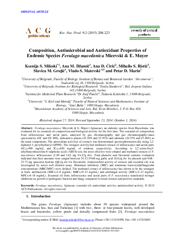 (PDF) Composition, Antimicrobial and Antioxidant Properties of Endemic ...