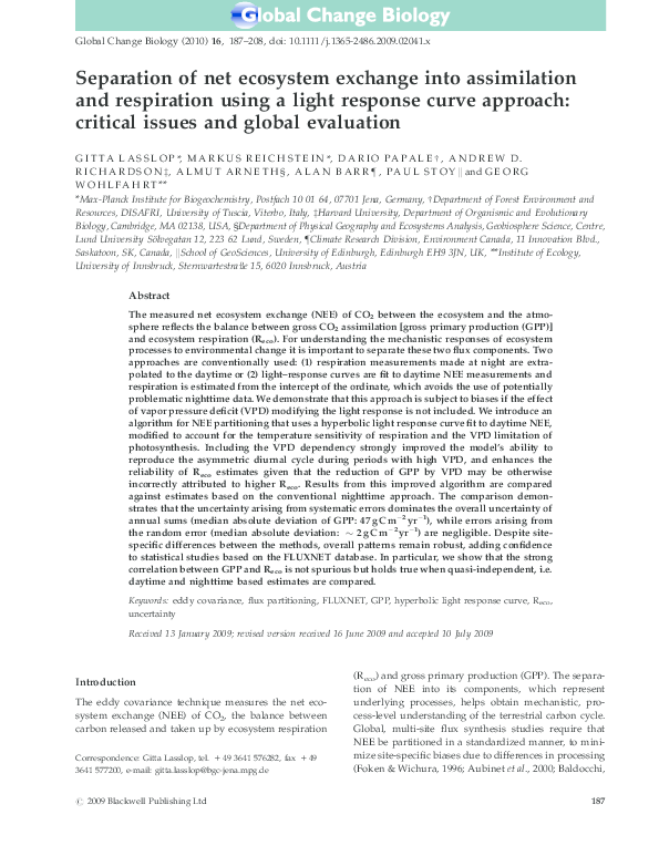 (PDF) Separation of net ecosystem exchange into assimilation and respiration using a light ...