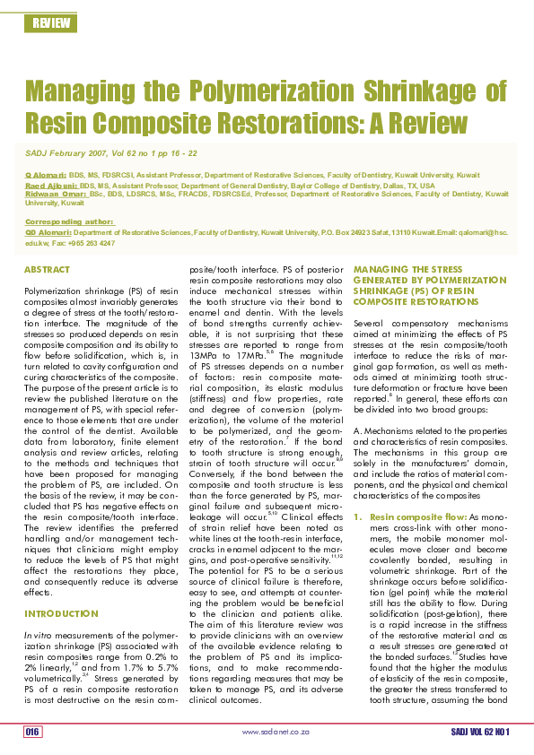 Pdf Managing The Polymerization Shrinkage Of Resin Composite Restorations A Review