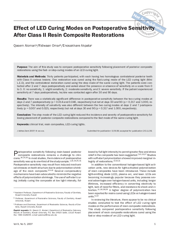 Pdf Effect Of Led Curing Modes On Postoperative Sensitivity After