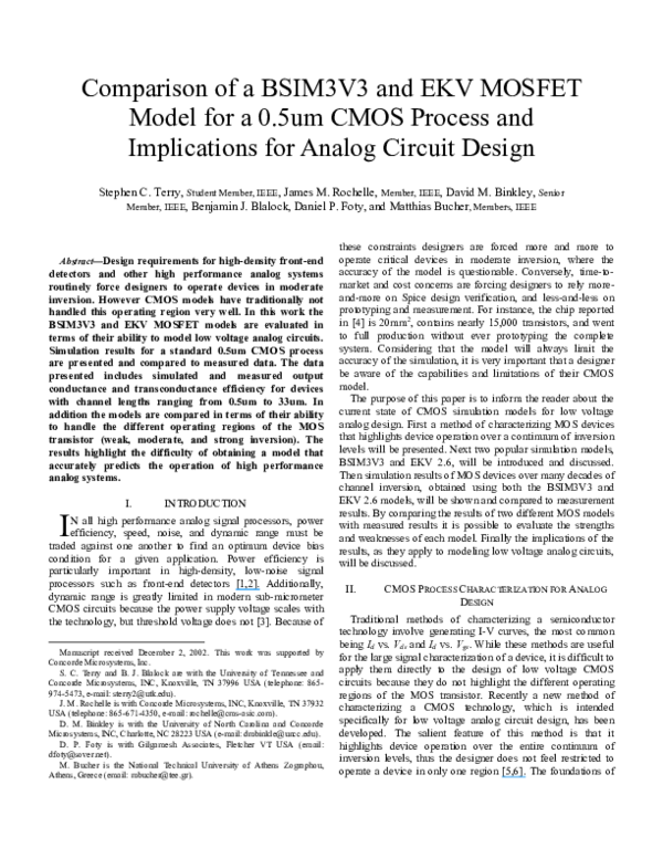 (PDF) Comparison of a BSIM3V and EKV MOSFET model for a 0.5μm CMOS process and implications for ...