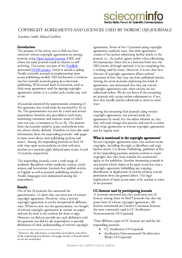 (PDF) Copyright agreements and licenses used by Nordic OJS-Journals