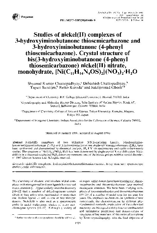 (PDF) Studies of nickel(II) complexes of 3-hydroxyiminobutanone thiosemicarbazone and 3 ...