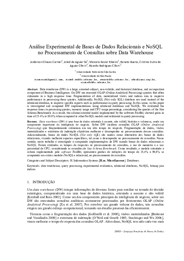 (PDF) Análise Experimental de Bases de Dados Relacionais e NoSQL no ...
