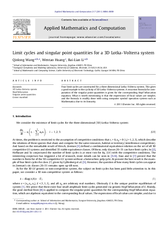 (PDF) Limit cycles and singular point quantities for a 3D Lotka–Volterra system